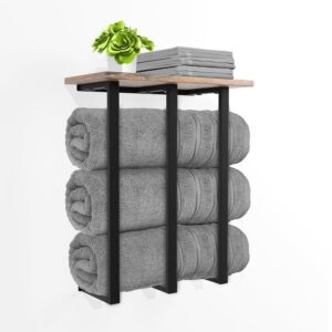 towel rack wall mounted with shelf, beautiful storage for small bathroom, neat organizer for rolled towels, 3 sturdy iron bars & holds 25kg weight