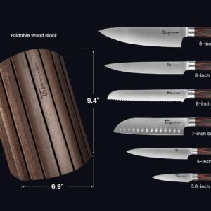 SYOKAMI Knife Set 7 Piece Japanese Style Kitchen Knife Set With Foldable Magnetic Acacia Wood Block Sharp High Carbon Stainless Steel Knives Set for Kitchen with Anti-slip Ergonomic Handle