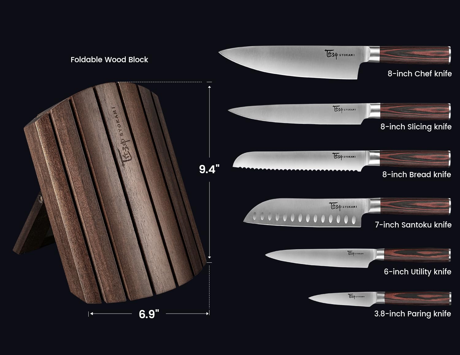 SYOKAMI Knife Set 7 Piece Japanese Style Kitchen Knife Set With Foldable Magnetic Acacia Wood Block Sharp High Carbon Stainless Steel Knives Set for Kitchen with Anti-slip Ergonomic Handle