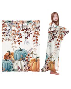 fall thanksgiving kids throw blankets, watercolor autumn pumpkins terracotta eucalyptus leaves soft fleece blanket decorative for home sofa couch chair living bedroom,30x40 inches, blue orange