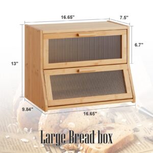 GHWIE Double Layer Bamboo Bread Box for Kitchen Counter,Large Capacity Bread Storage Bin,Bread Container with Acrylic Wavy Door Panel,Natural