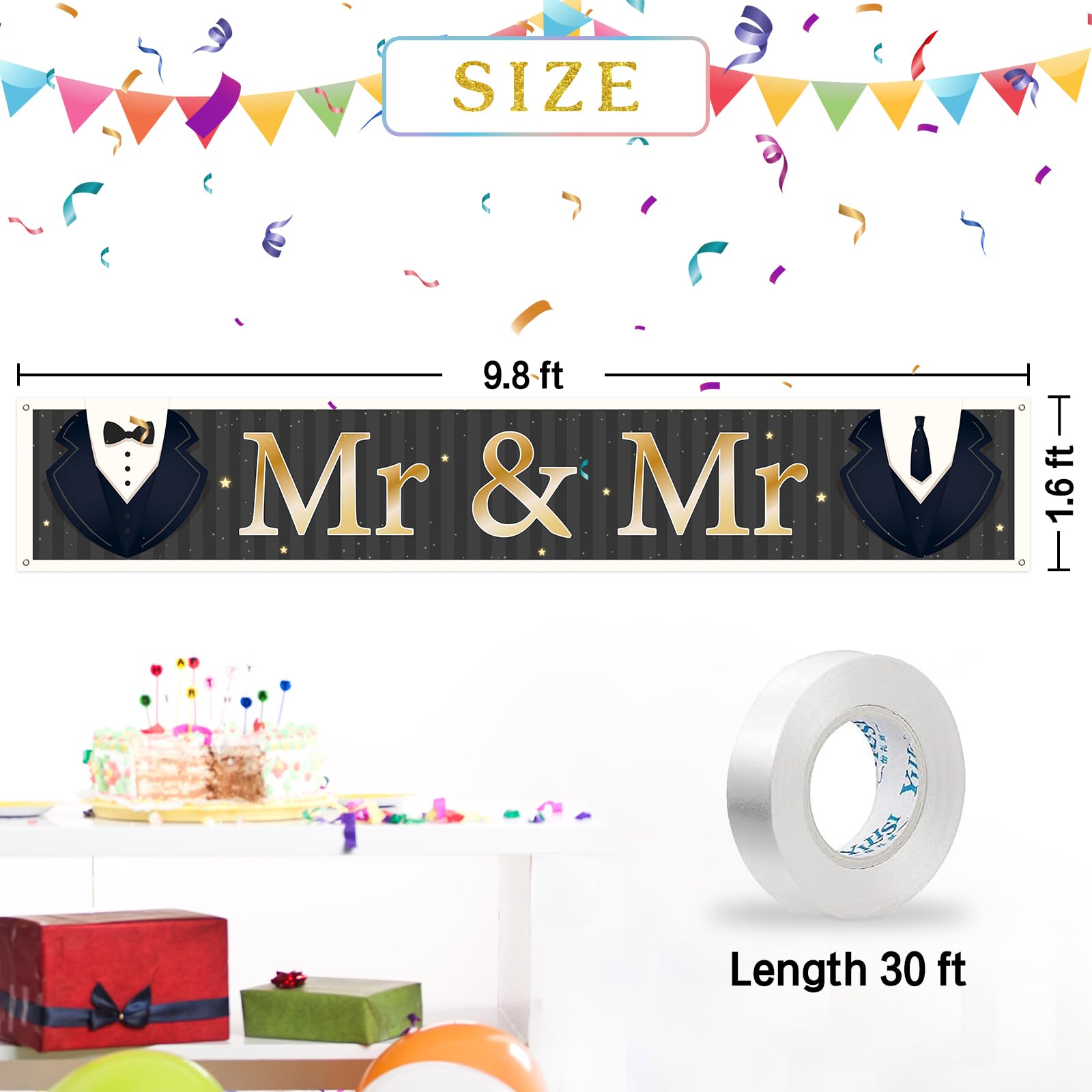 INNORU Large Mr & Mr Banner, Gay Wedding Party Backdrop Yard Sign, Men Groom to Be Yard Garden Banner, Gay Bridal Shower Party Indoor Outdoor Decor Supplies 9.8 * 1.6ft