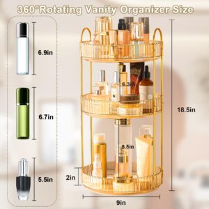 Dexspoeny 360° Rotating Makeup Organizer,Bathroom Make Up Spinning Holder Rack,Large Capacity Cosmetics Storage Vanity Shelf Countertop,Make Up Organizers and Rotary Storage (3 Tiers,Gold)