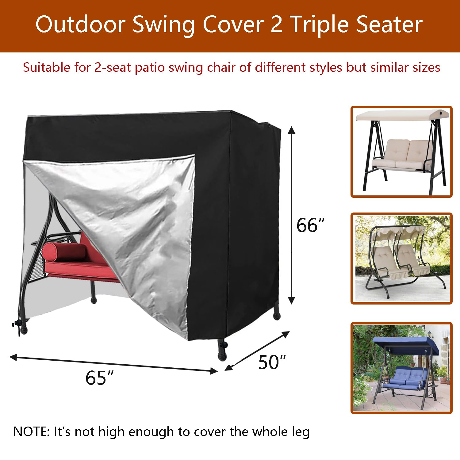 FLYMEI Outdoor Swing Cover 2 Seater Waterproof Patio Swing Cover Porch Swing Cover 2 Triple Seater Swing Canopy Cover All Weather Protection, 65'' (L) x 50''(W) x 66''(H)