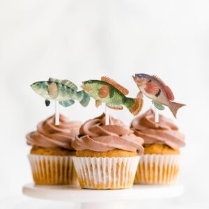 18pcs Glitter Fish Dessert Cupcake Topper Go Fishing Theme Decorations Baby Shower Boys Girls Happy Birthday Party Decor Supplies