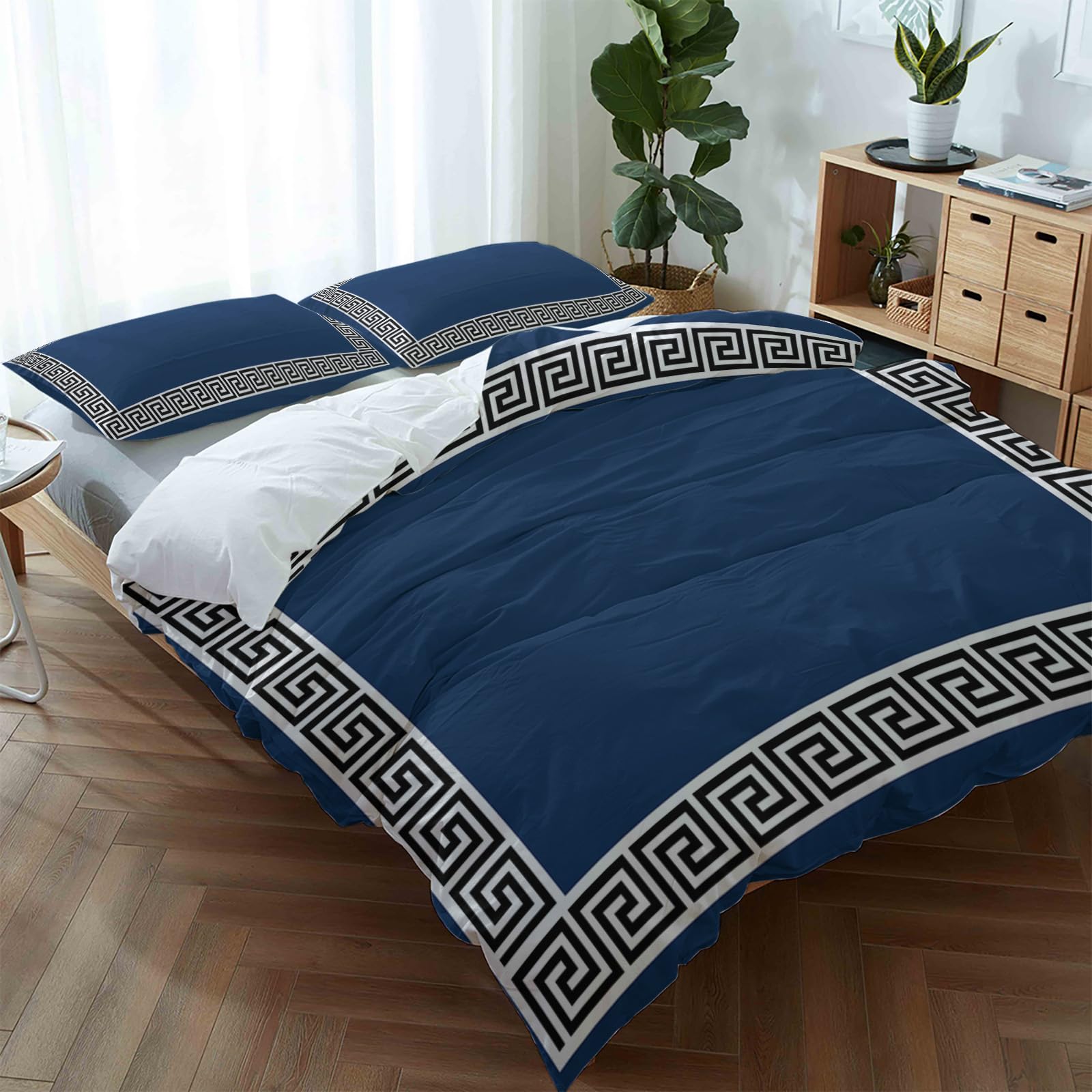 LooPoP Comforter Sets Queen Size Geometric Greek Key Design Soft Bedding Duvet Cover Sets 3 Pieces Navy Blue Bedding Set with Comforter Quilt Cover and 2 Pillow Cases Bedroom Decor