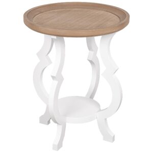 COVLON Farmhouse End Table, Wooden Round Side Table, 2 Tiers Accent Table for Family, Living Room or Small Spaces, Concave Legs, White and Brown