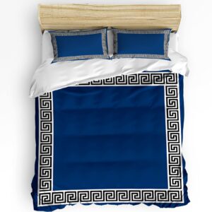 loopop comforter sets queen size geometric greek key design soft bedding duvet cover sets 3 pieces navy blue bedding set with comforter quilt cover and 2 pillow cases bedroom decor