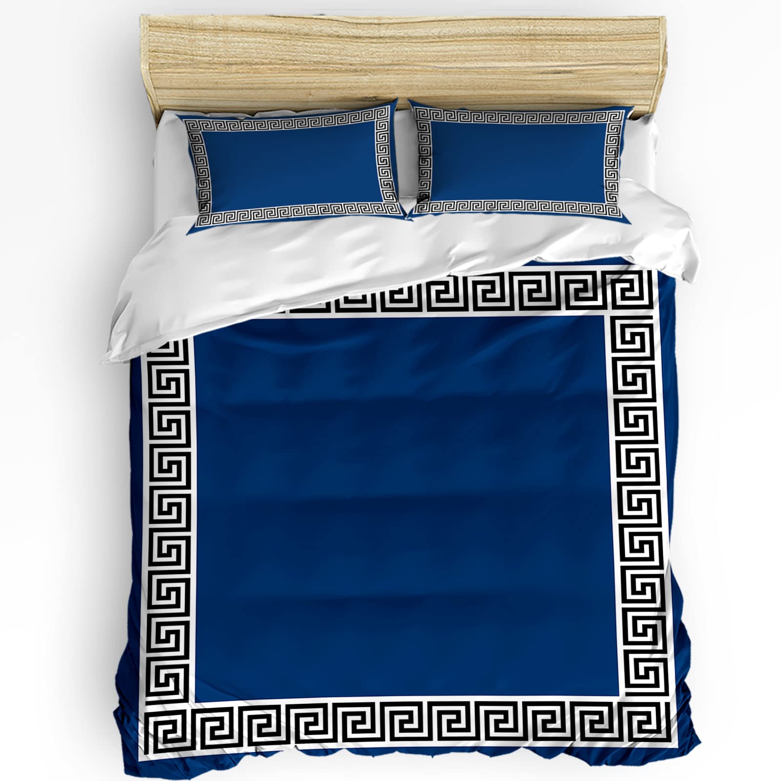 LooPoP Comforter Sets Queen Size Geometric Greek Key Design Soft Bedding Duvet Cover Sets 3 Pieces Navy Blue Bedding Set with Comforter Quilt Cover and 2 Pillow Cases Bedroom Decor