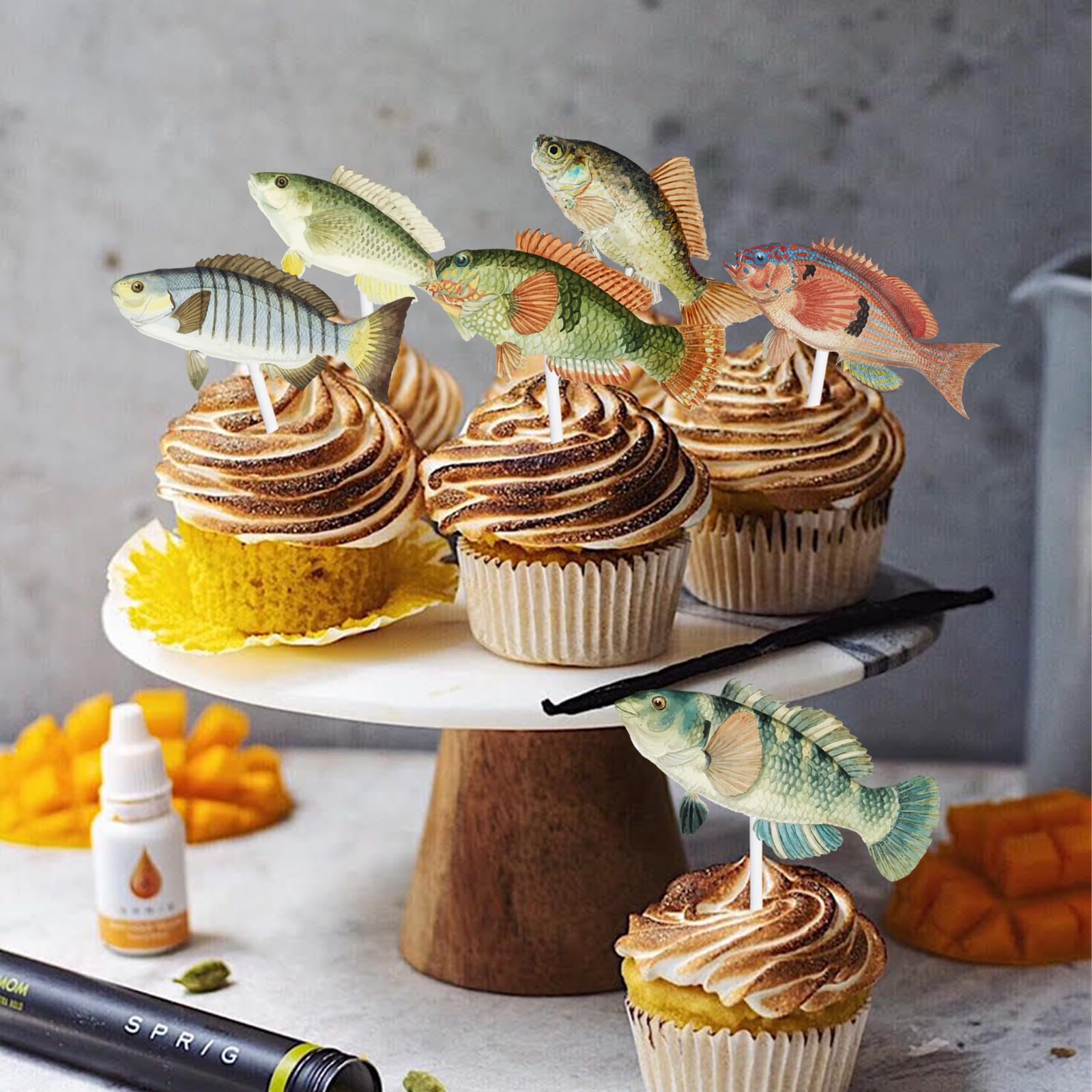 18pcs Glitter Fish Dessert Cupcake Topper Go Fishing Theme Decorations Baby Shower Boys Girls Happy Birthday Party Decor Supplies