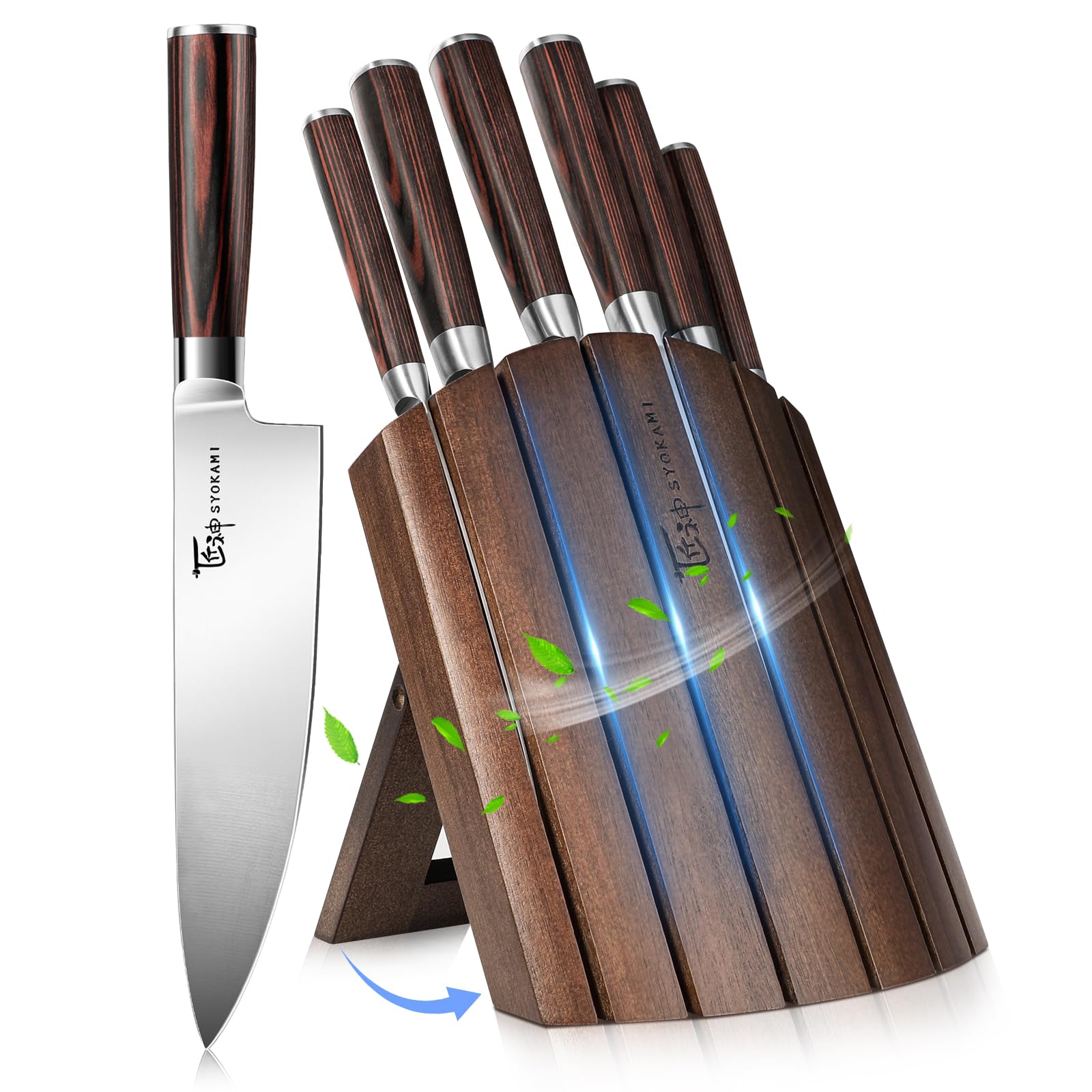 SYOKAMI Knife Set 7 Piece Japanese Style Kitchen Knife Set With Foldable Magnetic Acacia Wood Block Sharp High Carbon Stainless Steel Knives Set for Kitchen with Anti-slip Ergonomic Handle