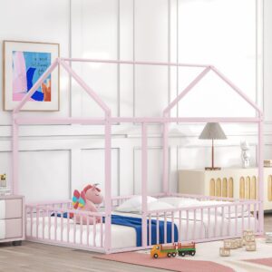 Harper & Bright Designs Full House Bed with Rails, Metal Full Floor Bed for Kids, Full Size Montessori Bed Frame with Roof, Kids Full Playhouse Beds for Boys Girls(Pink)