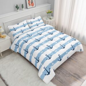 Datura home Anchor Comforter Sets for Boys Girls Kids,Blue White Stripes Starfish Anchor,Duvet 3Pcs in Quilt Sets with 1 Comforter and 2 Pillowcases All Season(Blue White Queen)