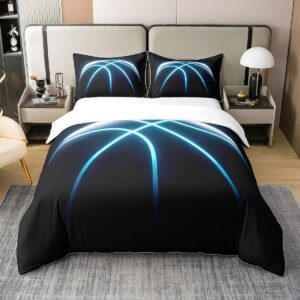 100% natural cotton basketball comforter cover for boy young man sports game theme duvet cover full size blue lines stripes neon lines bedding set basketball court player quilt cover black 3pcs