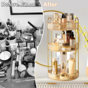 Dexspoeny 360° Rotating Makeup Organizer,Bathroom Make Up Spinning Holder Rack,Large Capacity Cosmetics Storage Vanity Shelf Countertop,Make Up Organizers and Rotary Storage (3 Tiers,Gold)