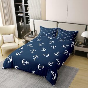 Ocean Adventure Theme 100% Natural Cotton Duvet Cover Set King Size Nautical Anchor Comforter Cover with 2 Pillowcases Fashion Navy Blue Bedding Set for Bedroom Birthday Gifts