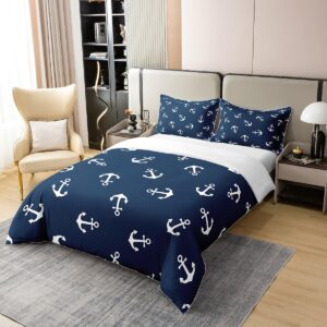 Ocean Adventure Theme 100% Natural Cotton Duvet Cover Set King Size Nautical Anchor Comforter Cover with 2 Pillowcases Fashion Navy Blue Bedding Set for Bedroom Birthday Gifts