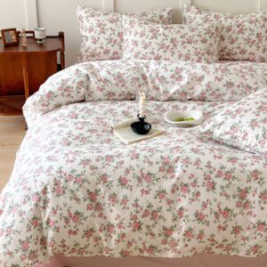 HighBuy Cute Floral Duvet Cover Twin Girl Ultra Soft Cotton Coquette Comforter Cover with Zipper Ties,Garden White Pink Floral Bedding Collection Twin,Extra Soft Floral Bedding Set 3 Piece Twin