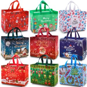 jwscysy 9pcs christmas gift bags, christmas tote bags with handles, reusable non-woven shopping bags for xmas gifts wrapping holiday party supplies, 12.8"×9.8"×6.7"