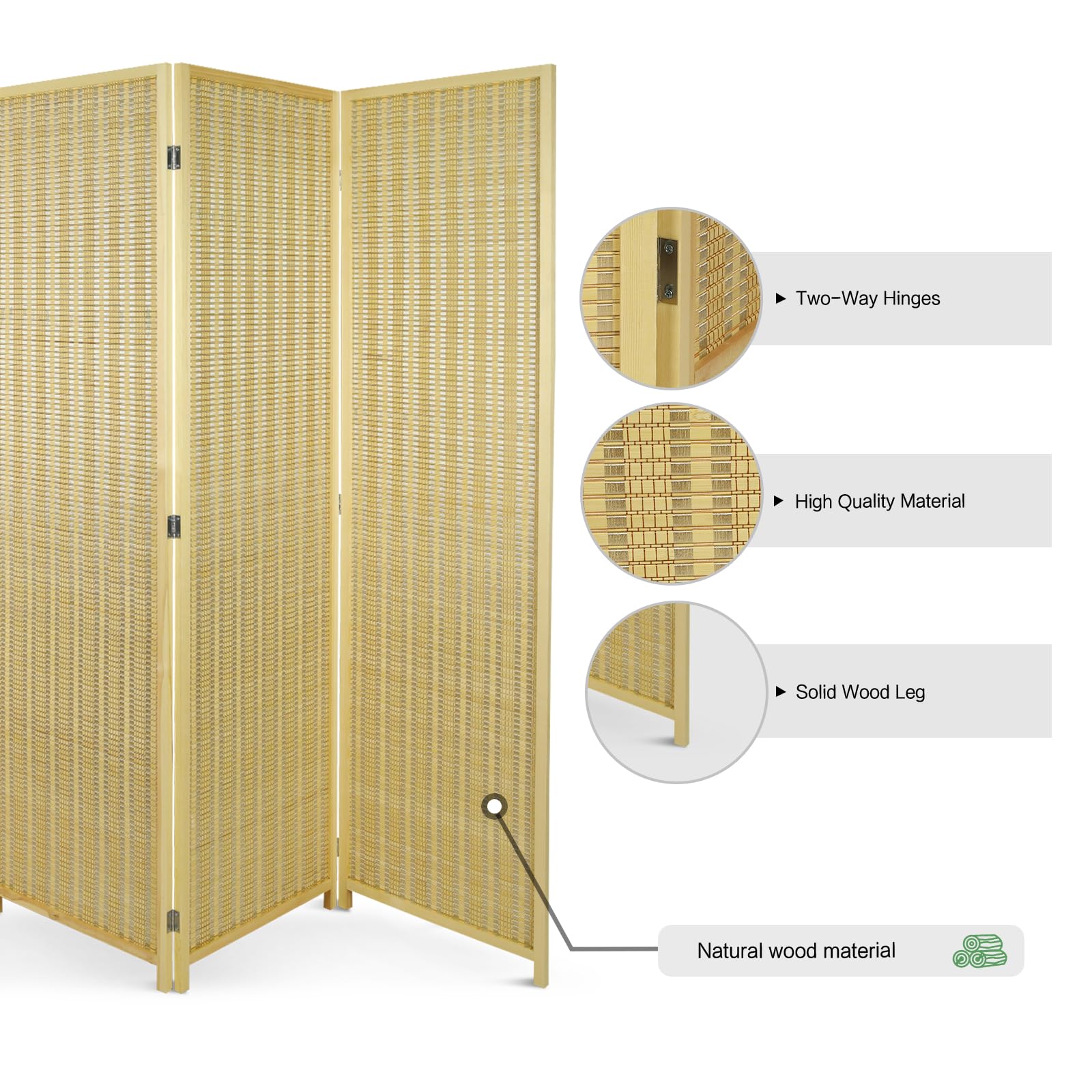 ECOMEX Room Divider 4 Panel Woven Bamboo Screen, Room Divider and Folding Privacy Screens, Freestanding Hand-Woven Room Partitions for Bedroom, Bamboo