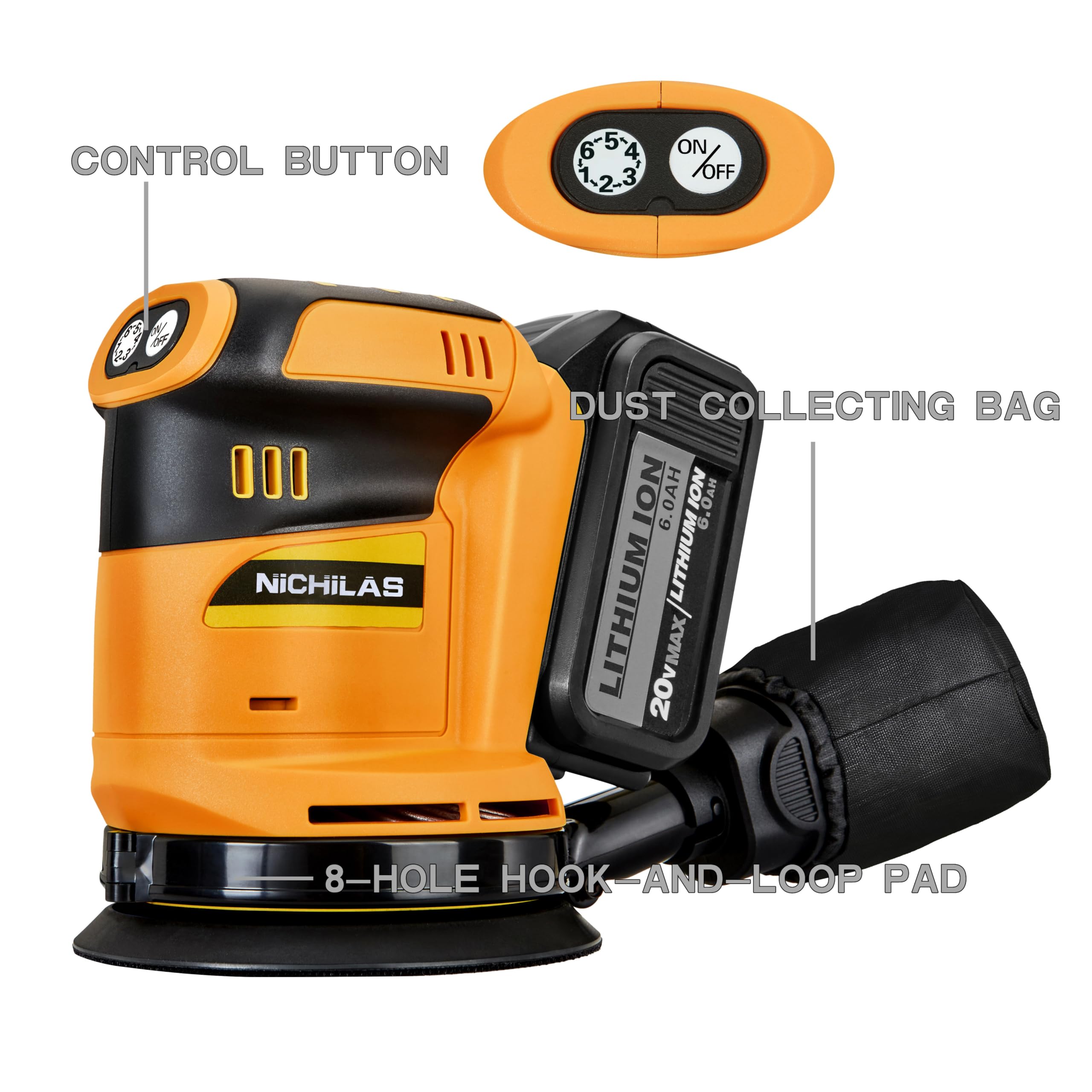 Nichilas Random Orbital Sander Cordless Brushless Motor 6 Speeds Max 13500RPM, 5” Electric Sander with Dust Collector for Dewalt Battery, (Battery Not Included)