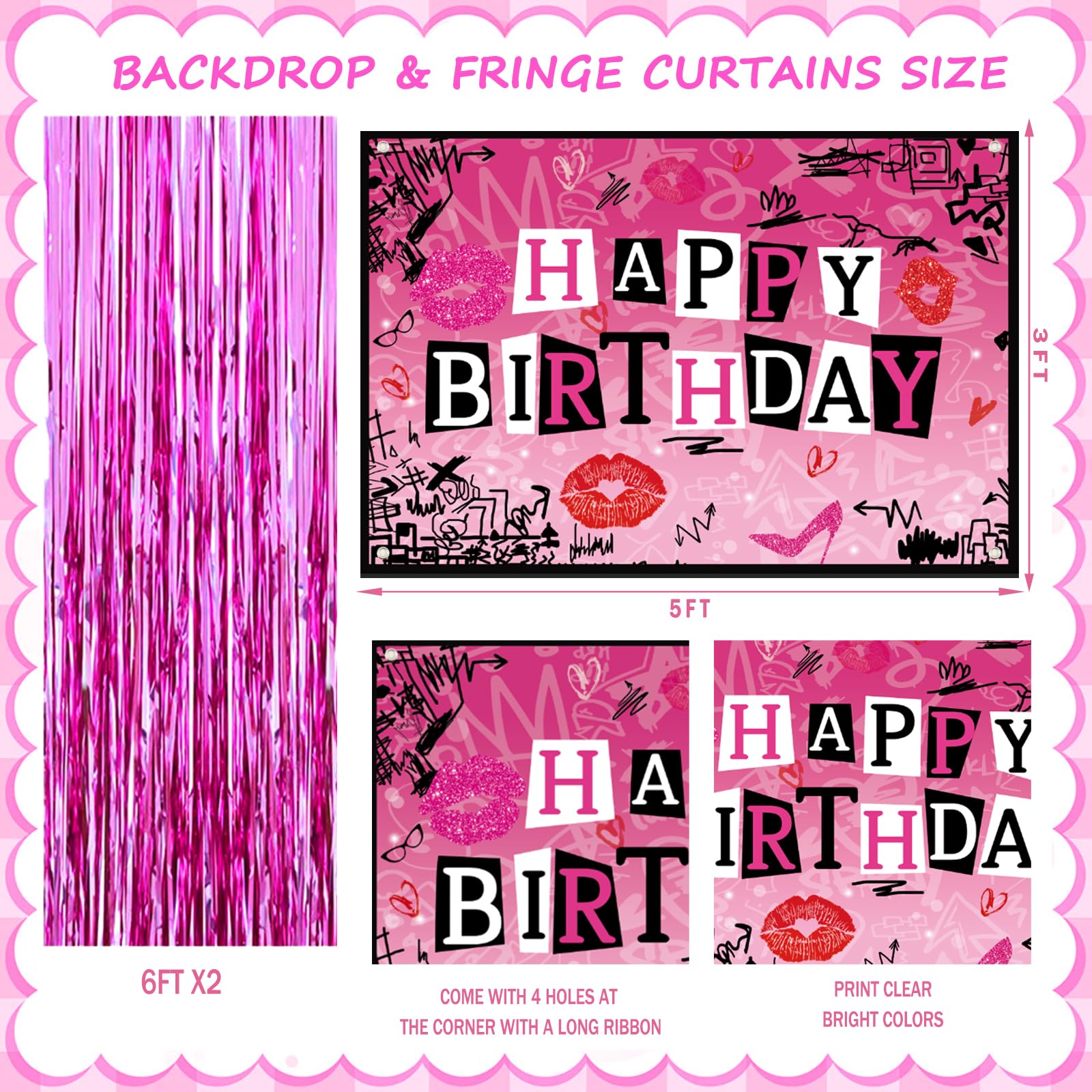 Hombae Hot Pink Lips Party Decorations, Burn Book Girls Birthday Decorations Backdrop Fringe Curtain Explosion Star 3D Disco Ball Balloon Garland Thats So Fetch Banner Cake Cupcake Topper