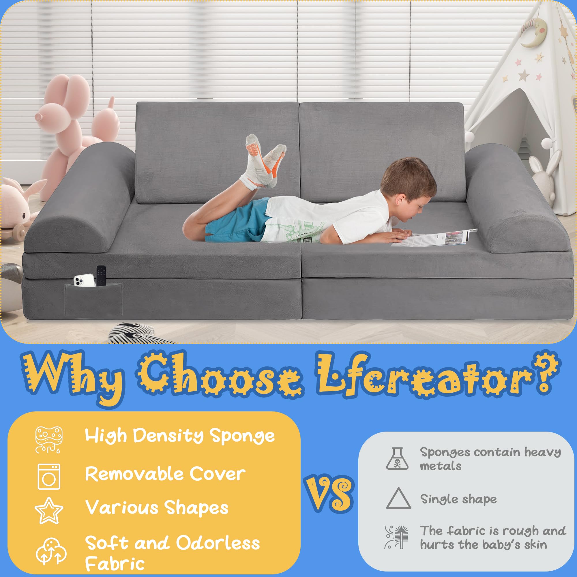 LFCREATOR Modular Kids Couch Sofa,Couch for Toddler and Baby Playroom/Bedroom,Perfect Toddler & Baby Couch for Play & Lounging,Ideal for Boys & Girls.Large