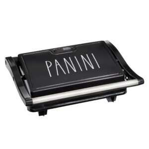 rae dunn panini maker - 750 watt 2-slice press grill with indicator lights | opens 180 degrees | double sided heating | non-stick cooking | cool touch handle | easy to clean, black