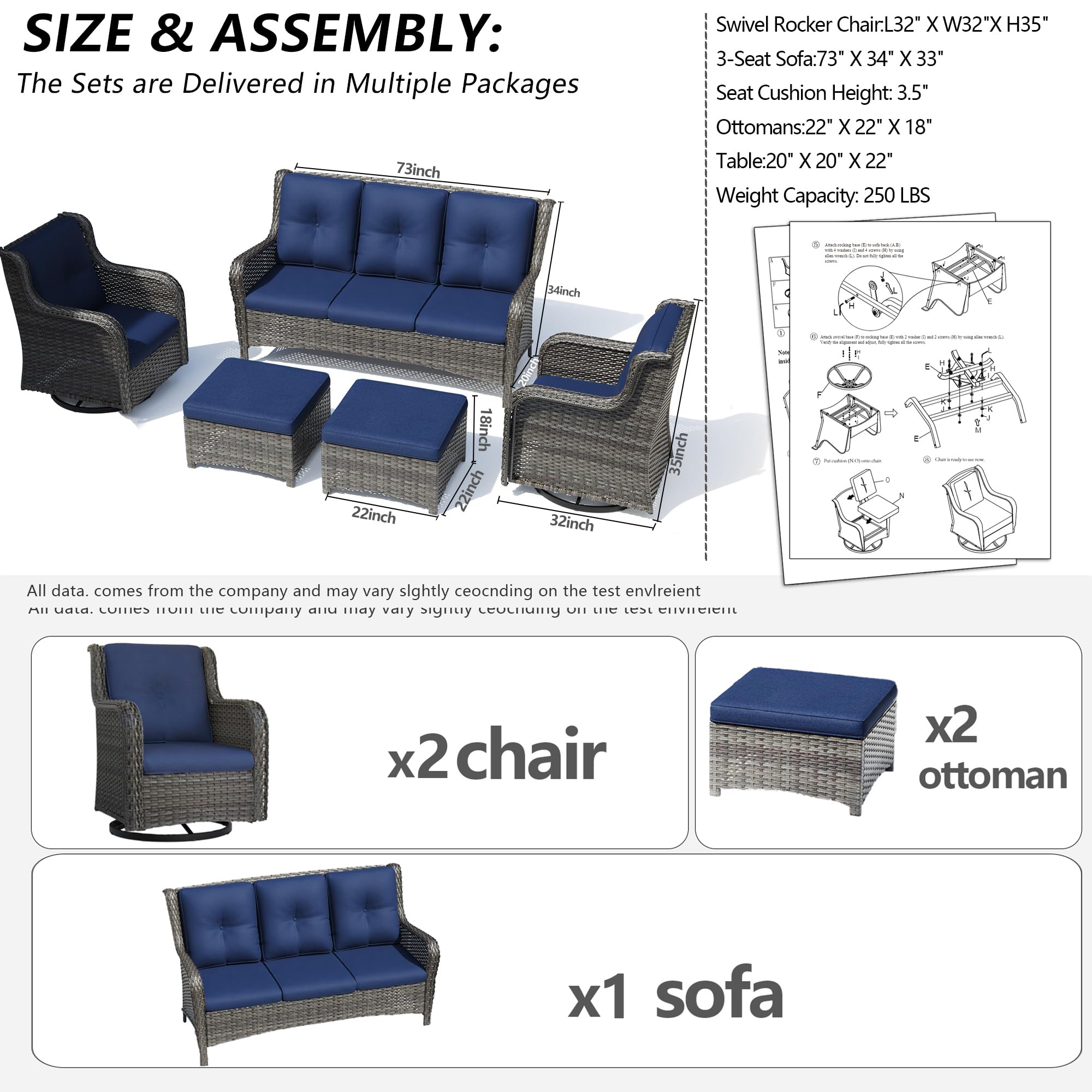 MeetLeisure 5 Pieces Outdoor Furniture Patio Furniture Set Wicker Outdoor Sofa Set with Swivel Rocking Chairs,Patio Ottomans, Cushions Included(Mixed Grey/Blue)