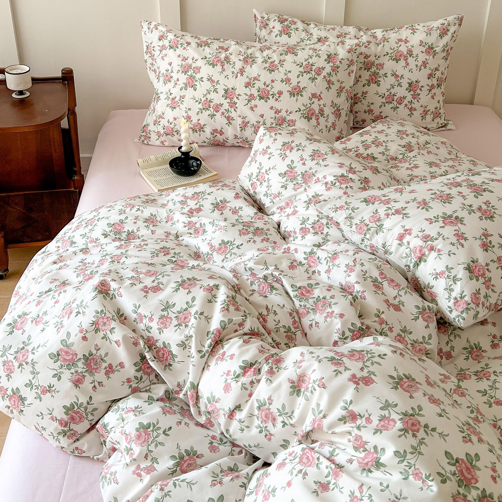 HighBuy Cute Floral Duvet Cover Twin Girl Ultra Soft Cotton Coquette Comforter Cover with Zipper Ties,Garden White Pink Floral Bedding Collection Twin,Extra Soft Floral Bedding Set 3 Piece Twin