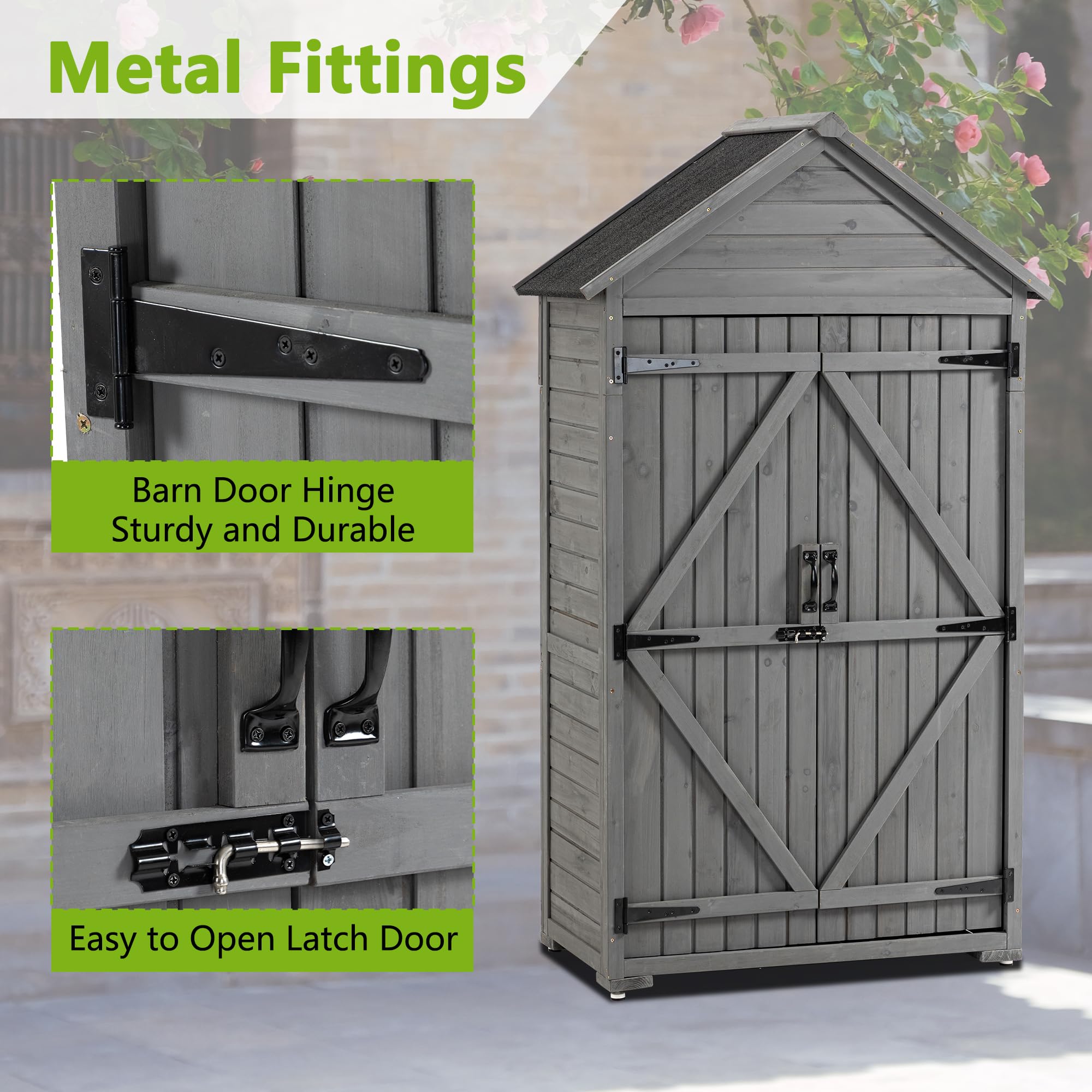 Outdoor Storage Cabinet - Wooden Garden Storage Shed with Waterproof Roof - Tool Storage House with Shelves and Latch - Outside Closet Storage Shed with Floor for Yard, Patio, Deck and Porch - Gray