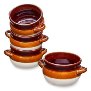 sheffield home french onion soup crocks - set of 4, 18oz stoneware pot with handles - ideal for soup, chili, and beef stew - dishwasher, microwave, and oven safe