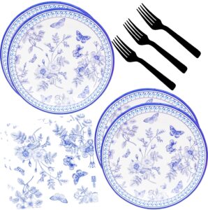 60pcs blue white floral party supplies flower tableware set 7"blue and white paper plates and blue white floral napkin fork for bridal shower wedding tea party floral birthday party decoration serve20