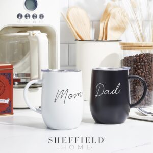 Sheffield Home Stainless Steel insulated Coffee Mug with Travel Lid & Handle - 12 oz Dishwasher Safe Mom & Dad Tea Mug - Adorable Coffee Cup Gift Set for New Parents (Black & White)