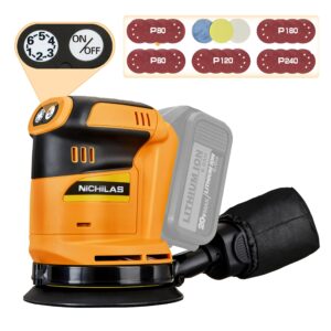 nichilas random orbital sander cordless brushless motor 6 speeds max 13500rpm, 5” electric sander with dust collector for dewalt battery, (battery not included)