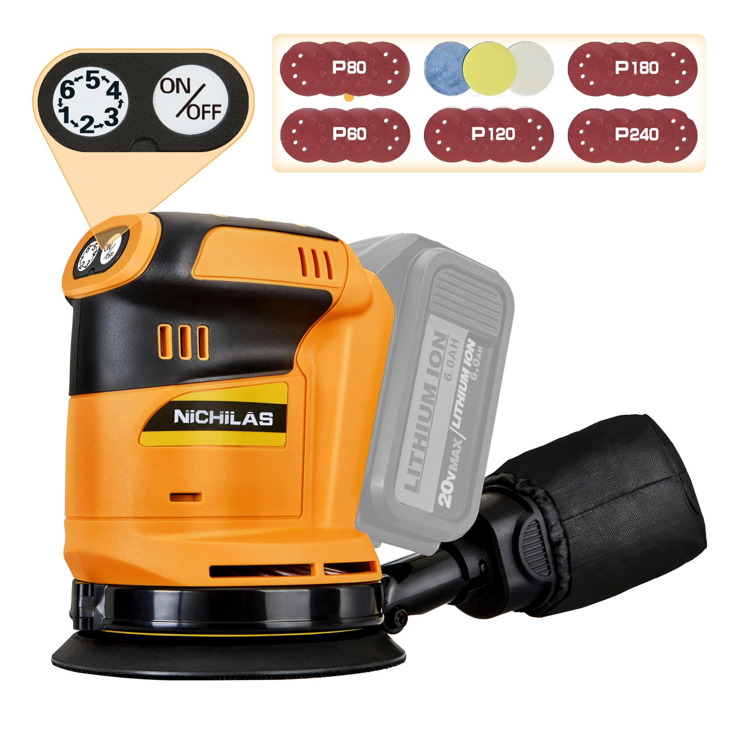 Nichilas Random Orbital Sander Cordless Brushless Motor 6 Speeds Max 13500RPM, 5” Electric Sander with Dust Collector for Dewalt Battery, (Battery Not Included)