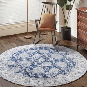 jinchan round rug 6ft area rug dark blue vintage floor mat kitchen indoor thin rug floral washable circle rug 6' round print retro accent rug farmhouse non slip dining room living room bedroom