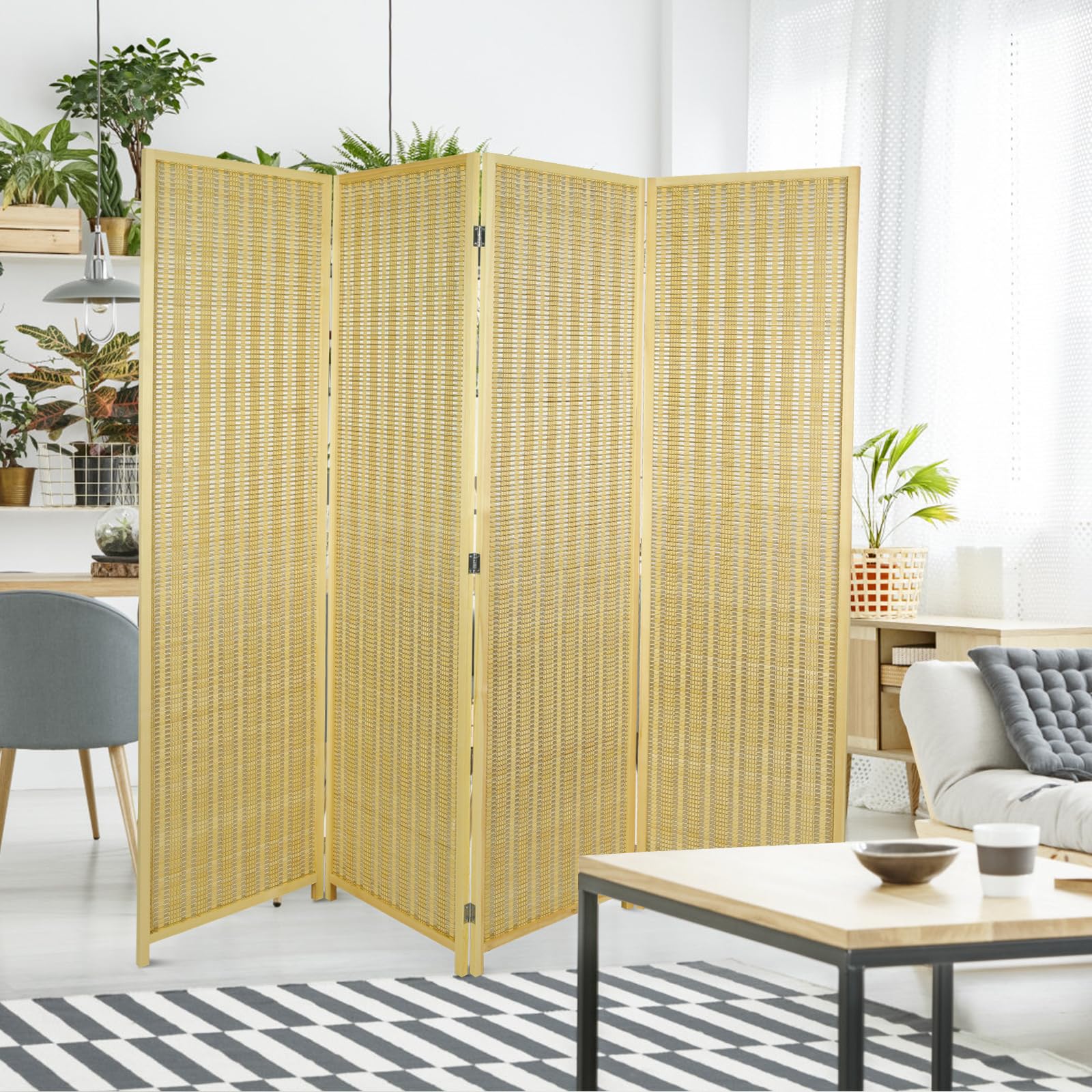 ECOMEX Room Divider 4 Panel Woven Bamboo Screen, Room Divider and Folding Privacy Screens, Freestanding Hand-Woven Room Partitions for Bedroom, Bamboo