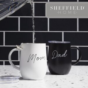 Sheffield Home Stainless Steel insulated Coffee Mug with Travel Lid & Handle - 12 oz Dishwasher Safe Mom & Dad Tea Mug - Adorable Coffee Cup Gift Set for New Parents (Black & White)