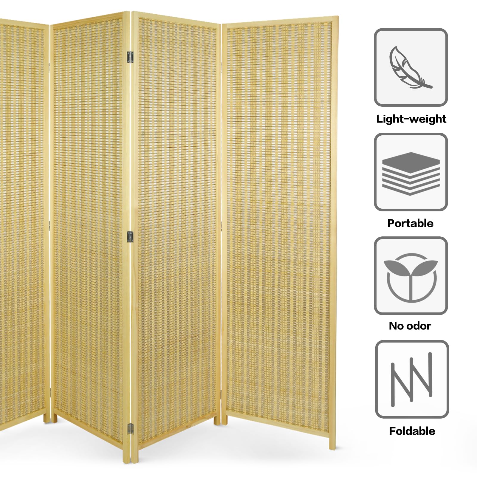 ECOMEX Room Divider 4 Panel Woven Bamboo Screen, Room Divider and Folding Privacy Screens, Freestanding Hand-Woven Room Partitions for Bedroom, Bamboo