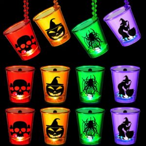 henoyso 12 pcs light up halloween shot glass on beaded necklace plastic led shot glasses shot cups glow in the dark halloween shot glass necklaces for halloween party favors decorations supplies