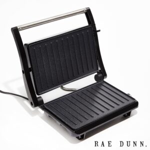 Rae Dunn Panini Maker - 750 Watt 2-Slice Press Grill with Indicator Lights | Opens 180 Degrees | Double Sided Heating | Non-stick Cooking | Cool Touch Handle | Easy to Clean, Black