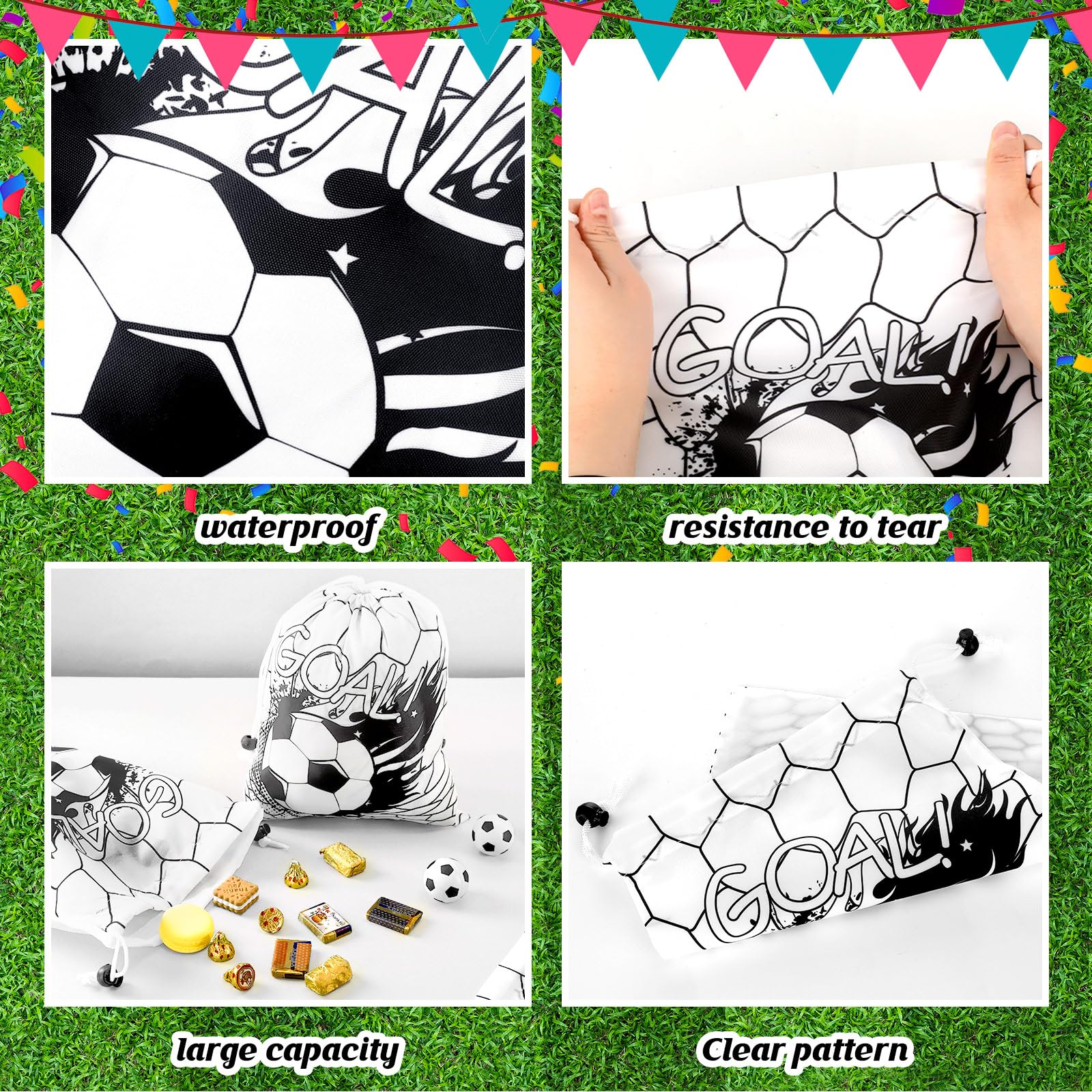 Xuhal 24 Pcs Soccer Party Favors Bags Soccer Drawstring Bags Soccer Team Gift Goodie Treat Bags Sports Theme Backpack Bags for Soccer Birthday Party Decoration Baby Shower Supplies(Black, White)