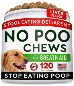 strellalab no poo chews for dogs - stop dog poop eating - coprophagia & stool eating deterrent with probiotics, digestive enzymes & immune support - liver flavor - made in usa - 120 chews