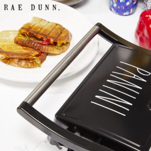 Rae Dunn Panini Maker - 750 Watt 2-Slice Press Grill with Indicator Lights | Opens 180 Degrees | Double Sided Heating | Non-stick Cooking | Cool Touch Handle | Easy to Clean, Black