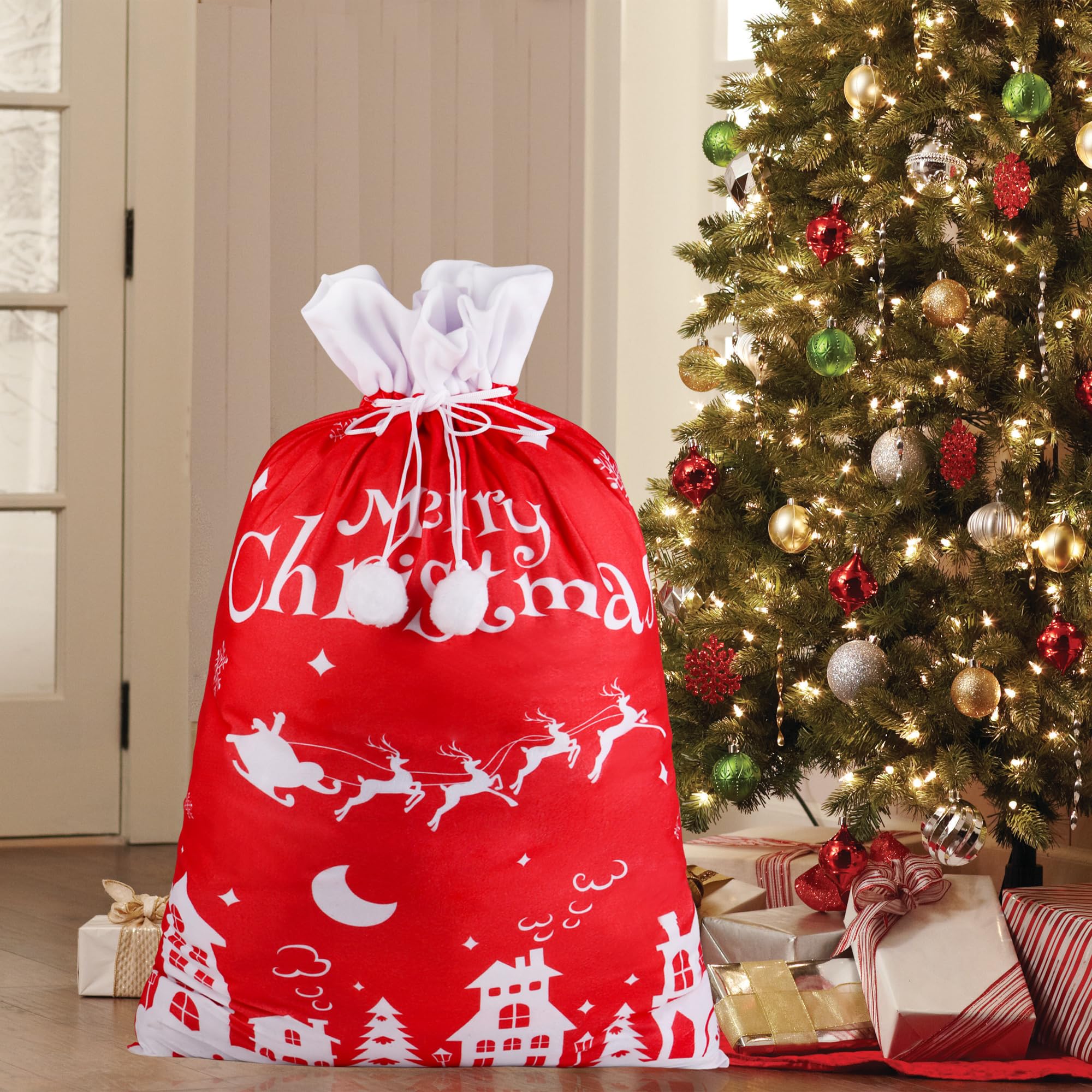 CCINEE Giant Christmas Santa Sack,Oversized Red Velvet Santa Bags Gift Wrap with Cord Drawstring for Christmas Party Supplies Storage Bags Holiday Gifts Decor（43.3 x 27.5 Inch，House Elk）