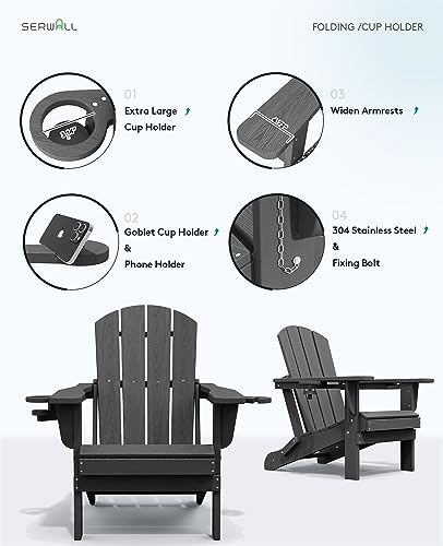 SERWALL Foldable Adirondack Chair, HDPE Adirondack Chair with Wood-Texture-Gray