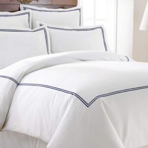 dainty homes two lines silky embroidered = on white baise navy blue color 500 tc 100% egyptian cotton 3 pieces duvet cover with pillow shams olympic queen size