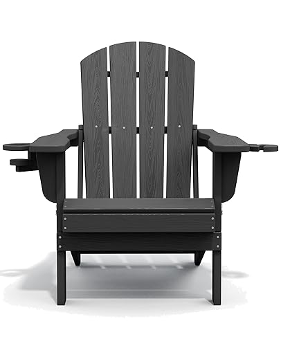 SERWALL Foldable Adirondack Chair, HDPE Adirondack Chair with Wood-Texture-Gray