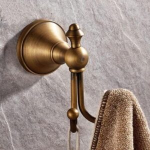 Vintage Brass Towel Hook Hanger Double Robe Hooks Wall Mounted for Bathroom Antique Brass Wall Hook Bronze Hand Towel Hook with Brushed Gold Finish